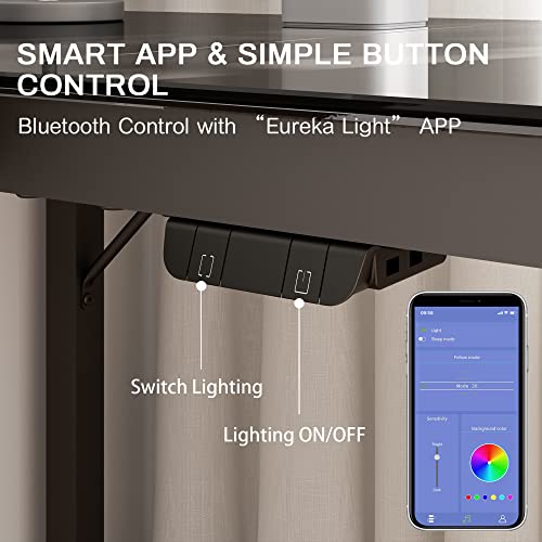 EUREKA ERGONOMIC Music Sensing RGB LED Lights Glass Gaming Desk, 60 Inch L Shaped Reversible Top, Home Office Corner Computer Studio Table Gifts GTG L60 w Cup Headset Socket Holder, Smart APP Control