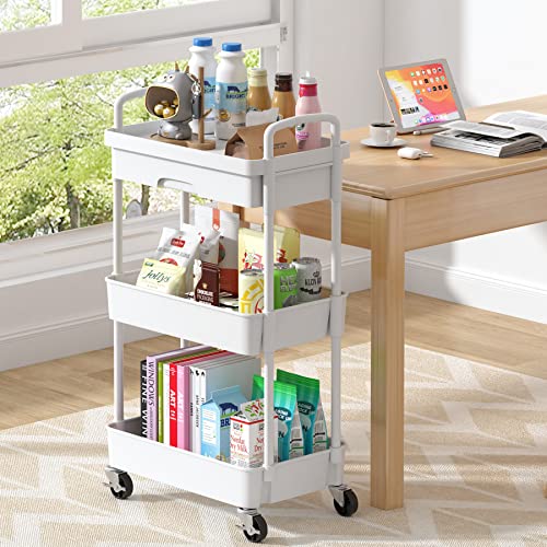 Dttwacoyh 3-Tier Rolling Cart,Trolley with Drawer, Multifunctional Storage Organizer with Plastic Shelf & Metal Wheels, Kitchen Storage Cart for Living Room, Kitchen, Office, Bathroom, White