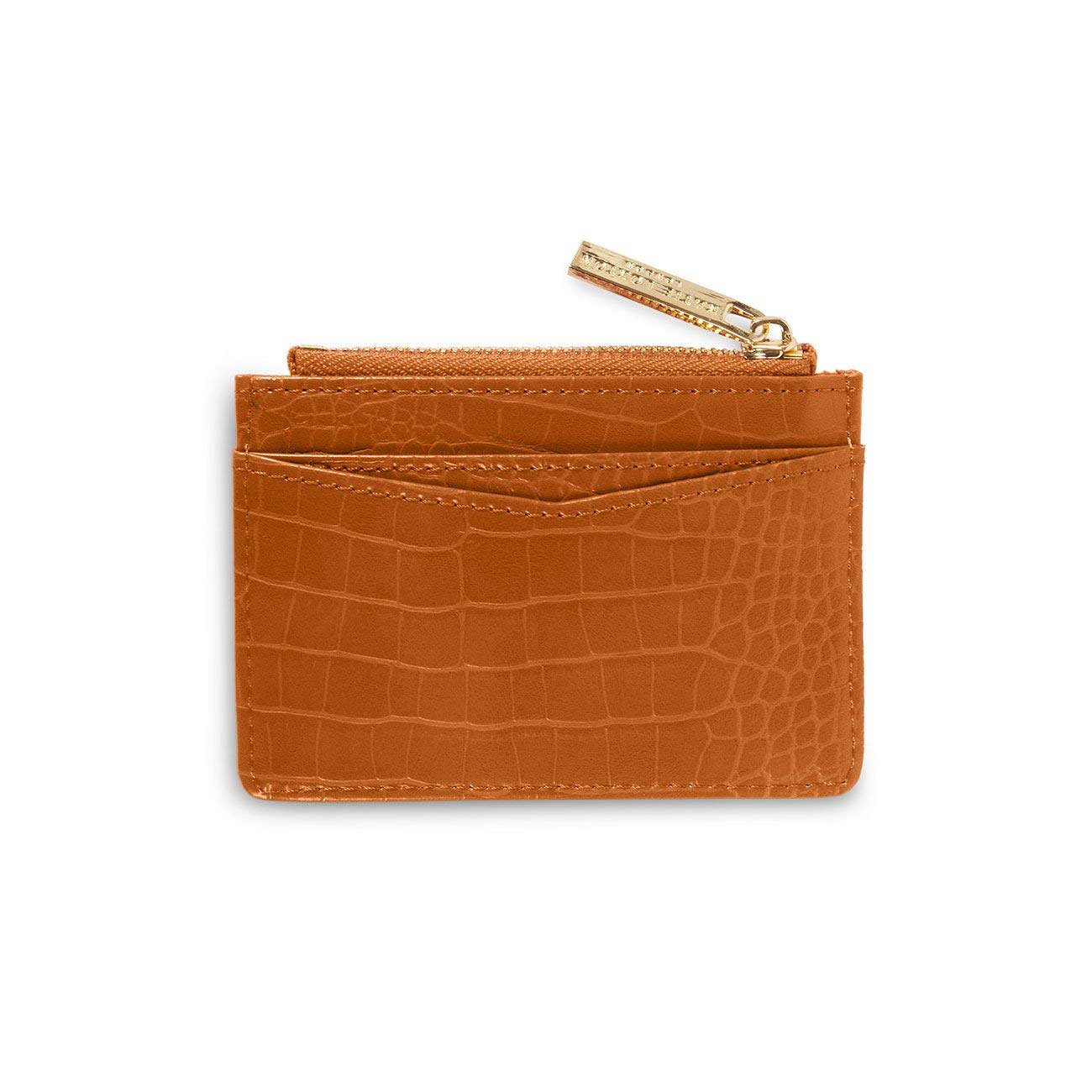 KATIE LOXTON Faux Crocodile Print Womens Medium Vegan Leather Zippered Card Holder Wallet Cognac