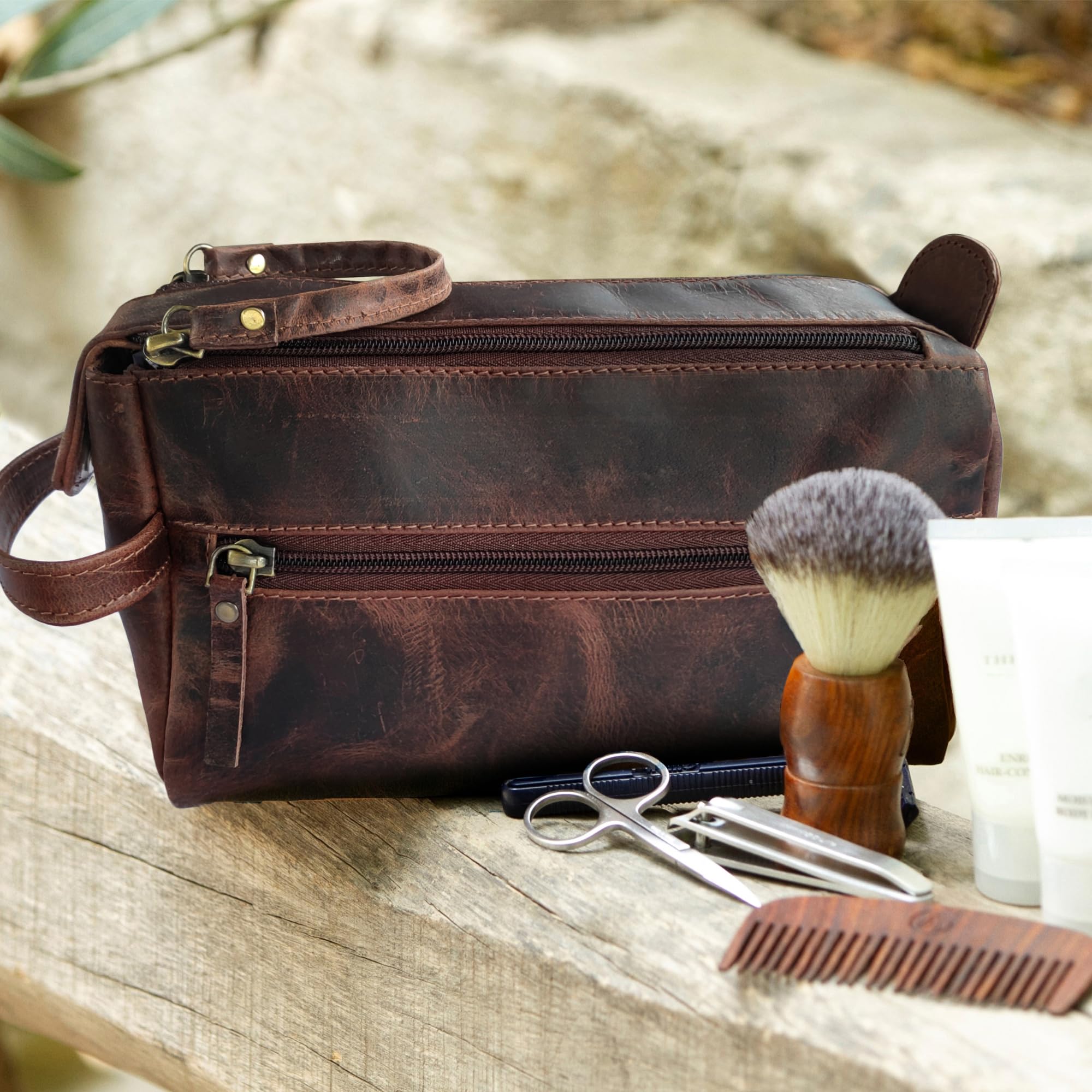 RUSTIC TOWN Leather Toiletry Bag for Men - Hygiene Organizer Travel Dopp Kit (Walnut Brown)