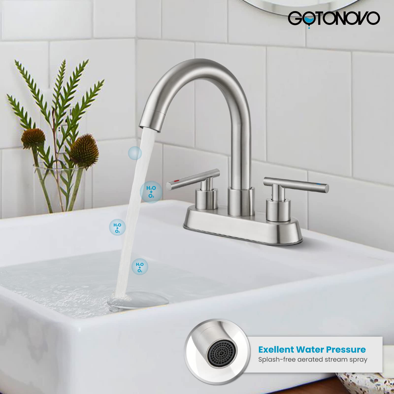 gotonovo 4 Inch Centerset Modern Bathroom Sink Faucet 2 Hole Brushed Nickel Swivel Spout 2-Handle Deck Mounted Lavatory Faucet with Water Supply Lines and Pop Up Drain