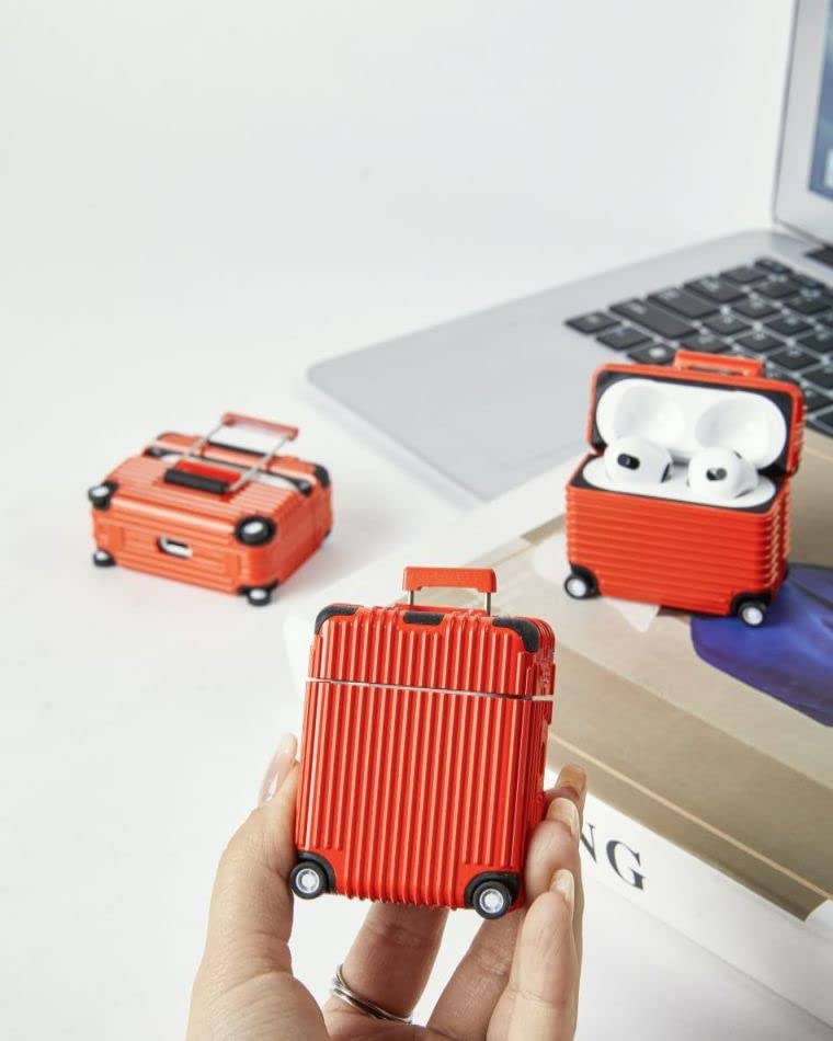 Case for Airpods,Suitcase Trunk Design Airpods Caser Compatible for Apple Airpods 1,2,3&Pro,Travel Enthusiast (AirPods 3,Orange)