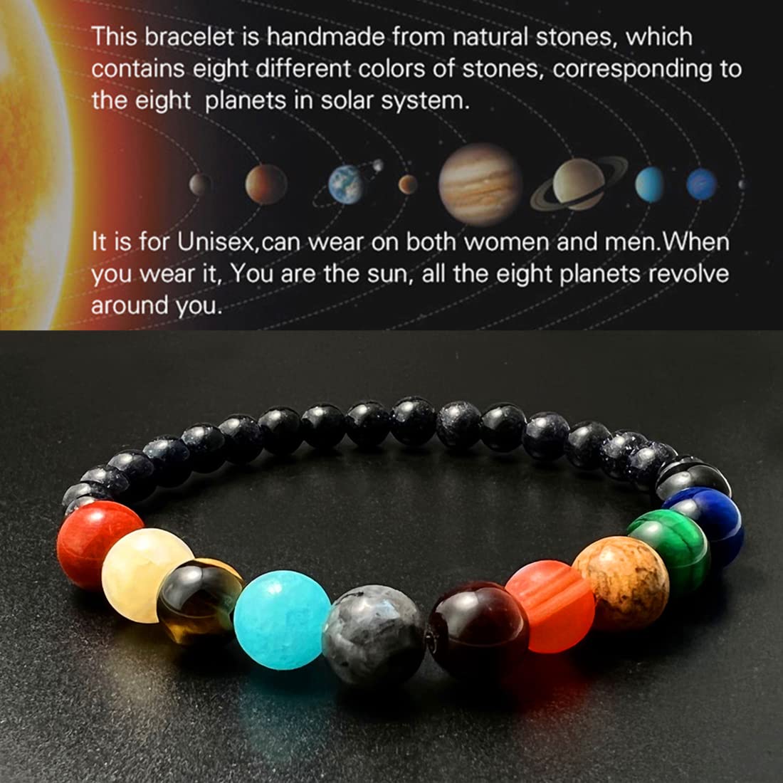 ATIMIGO 2 Pack Solar System Bracelet 7 Chakras Healing Natural Stone Bracelets for Women Men Stress Relief Yoga Beads Elastic Bracelet Bangle