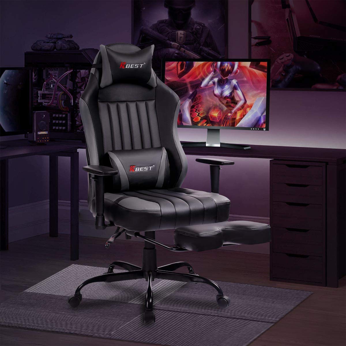 KBest Massage Gaming Chair - High Back Racing PC Computer Desk Office Chair Swivel Ergonomic Executive Leather Chair with Adjustable Back Angle, Armrests and Footrest (Gray)