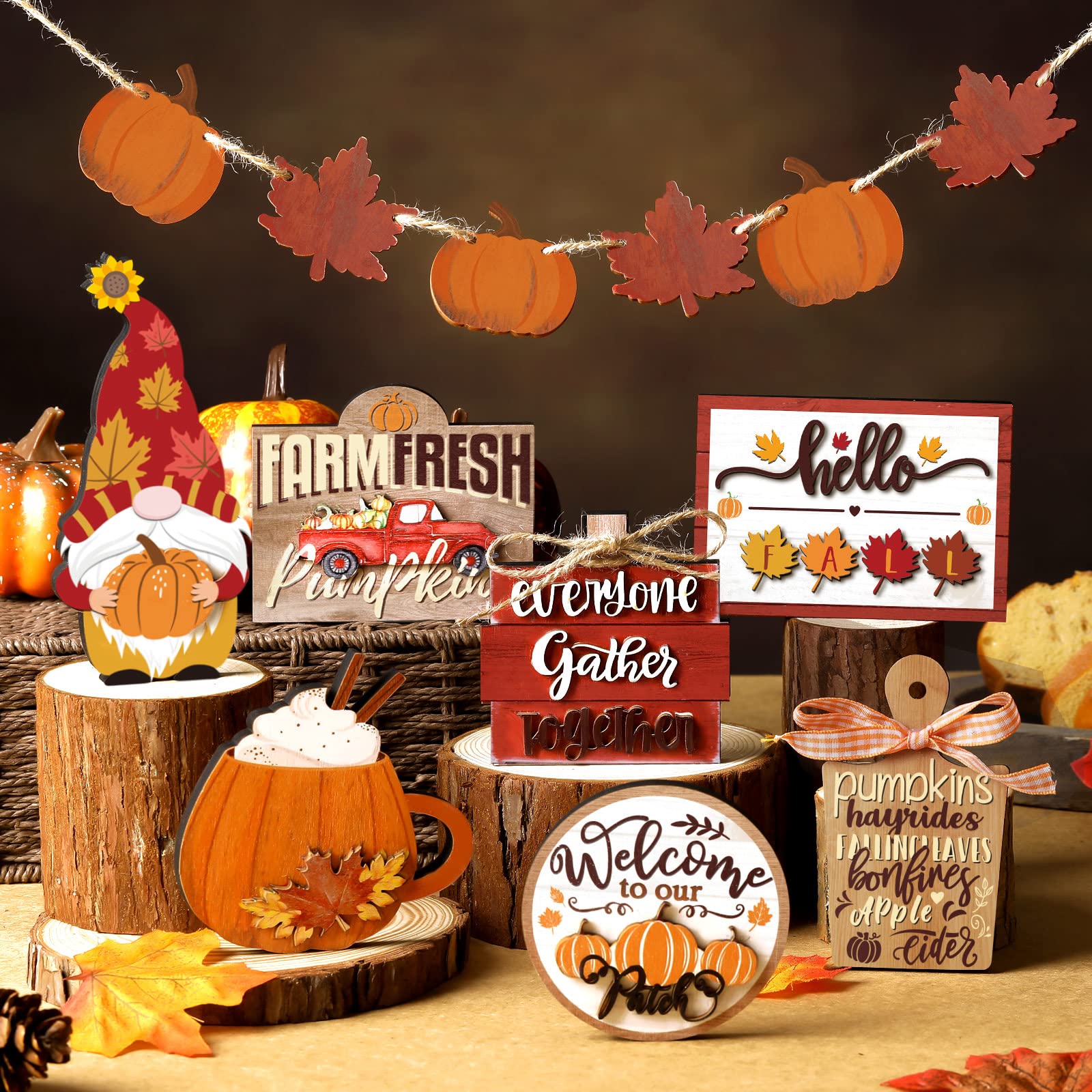 Set of 15 Fall Tiered Tray Decor Pumpkins Farmhouse Decor Autumn Maple Leaf Table Centerpieces Thanksgiving Harvest Wood Blocks Signs for Home Decor(Bright Style)