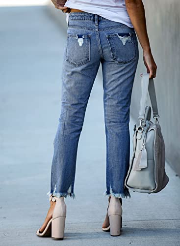 EVALESS Women Destroyed Raw Hem Straight Leg Skinny Jeans Ripped Hole Boyfriend Denim Pants Blue 10