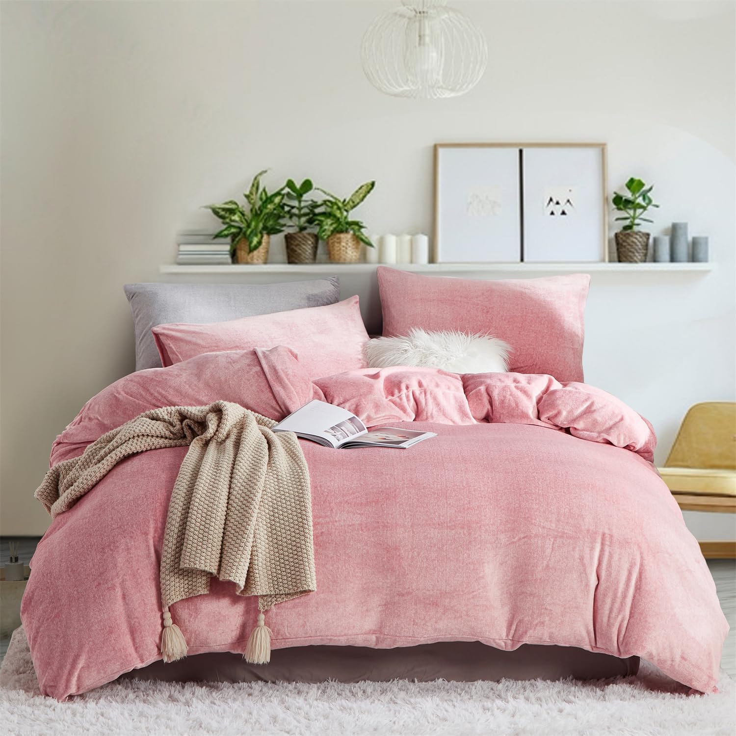 YASMENG Fluffy Velvet Duvet Cover Set Blush Pink Queen Size Fall Winter Soft Warm Flannel Comforter Cover Girls Pink 90" x 90" Luxury Cozy Plush Fleece Reversible Bedding Duvet Cover Set Pale Pink