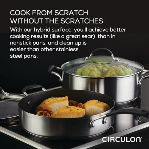 Circulon SteelShield Sauté Pan with Lid and SteelShield Hybrid Stainless and Nonstick Technology, 3 Quart - Stainless Steel