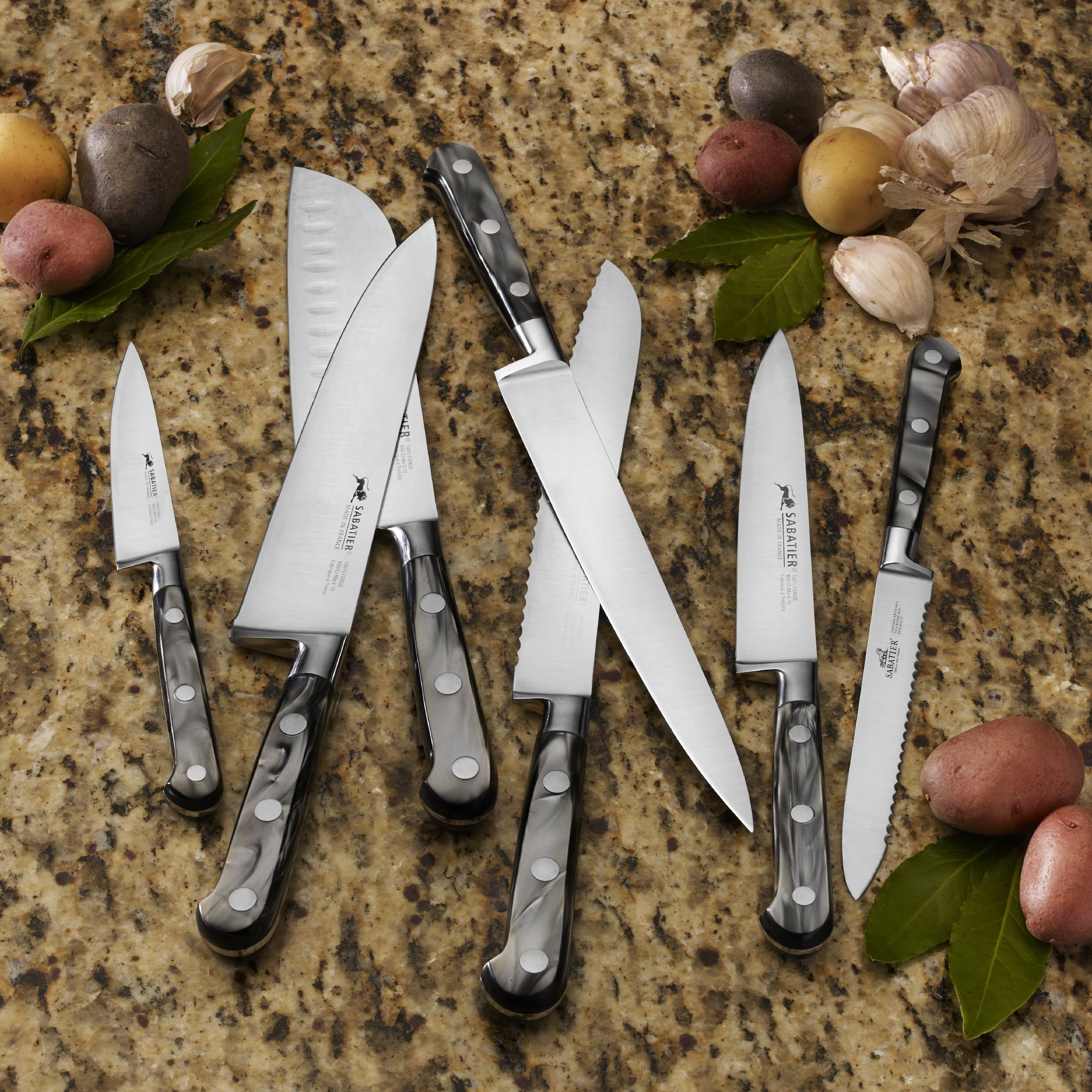 Sabatier Triple Rivet Stainless Steel Santoku Knife with Mother of Pearl-Inspired Handle, 7-Inch, Silver Gray