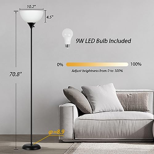 Floor Lamps for Living Room, Dimmable LED Modern Simple Standing Lamp, Tall Lamps for Bedroom Office Dining Room Kitchen, Minimalist Black Pole Lamp with Rotary Switch, 9W LED Bulb Included