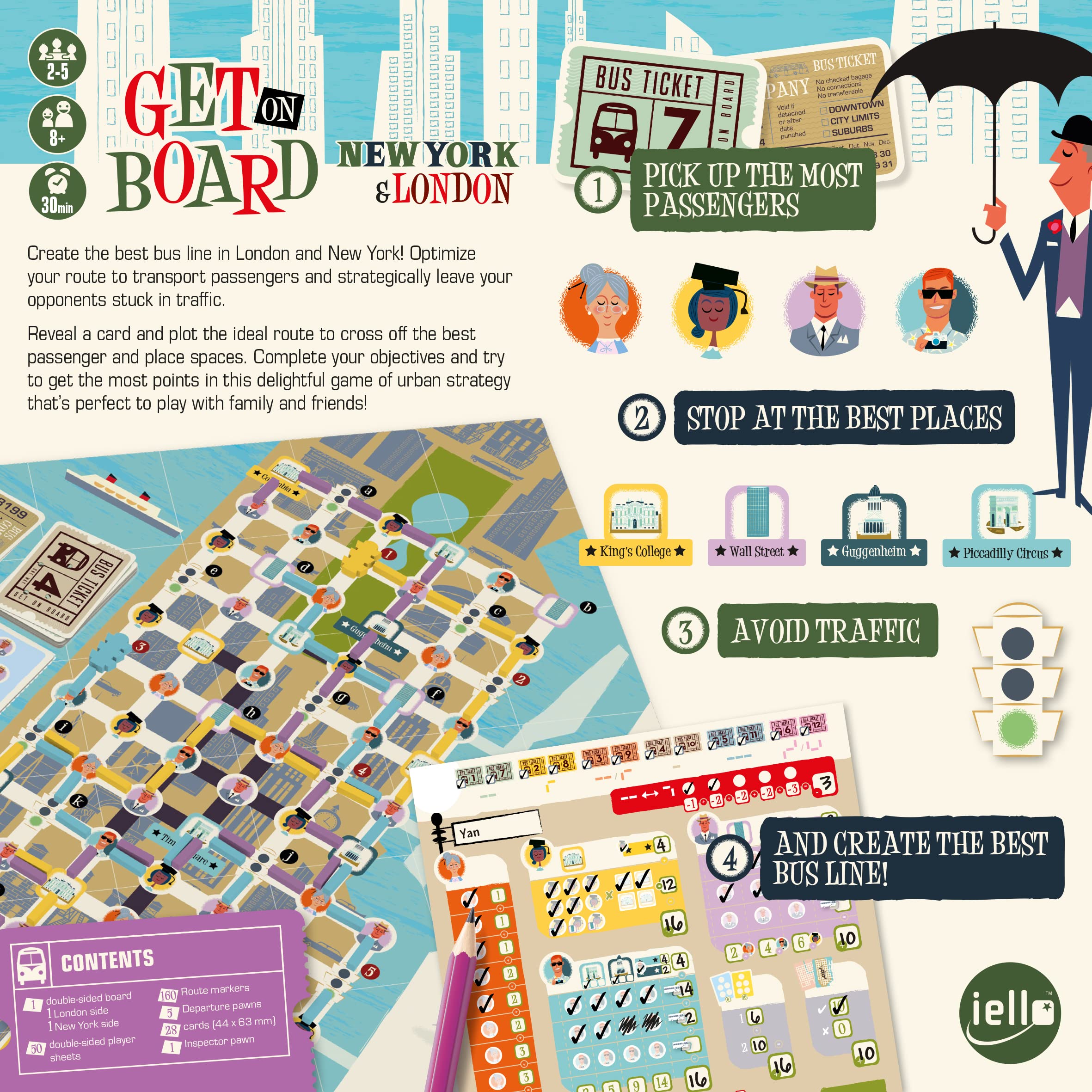 IELLO: Get On Board: New York & London, A Flip & Write Game, Clever & Original, 30 Minute Play Time, 2 to 5 Players, for Ages 8 and Up