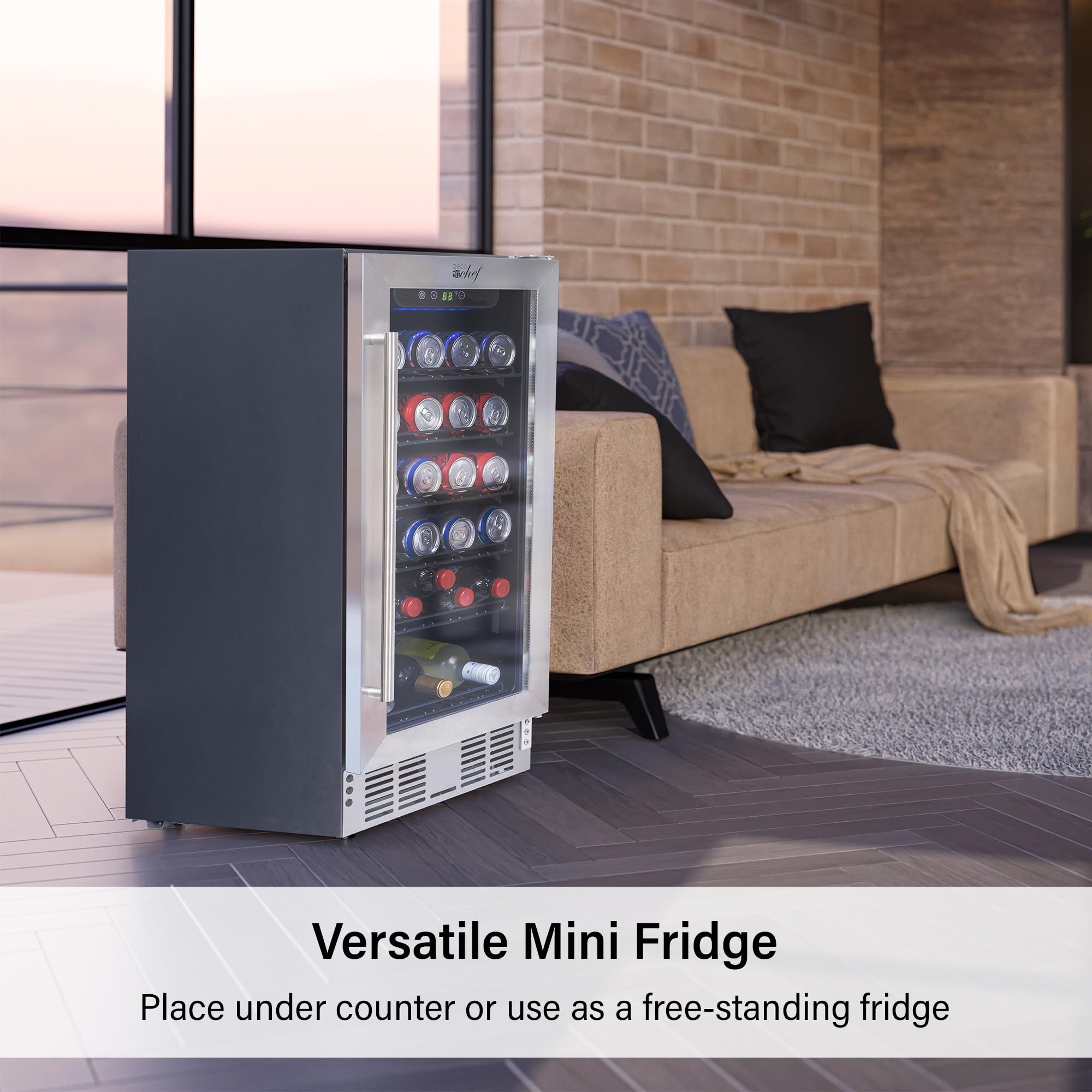 Deco Chef 15-Inch Under Counter Beverage Cooler for Beer, Wine, Sodas, 115 Can Capacity, Digital Touch Temperature Control, Even Forced Air Cooling, 5 Shelves, Large Display Window, Built-In Lighting