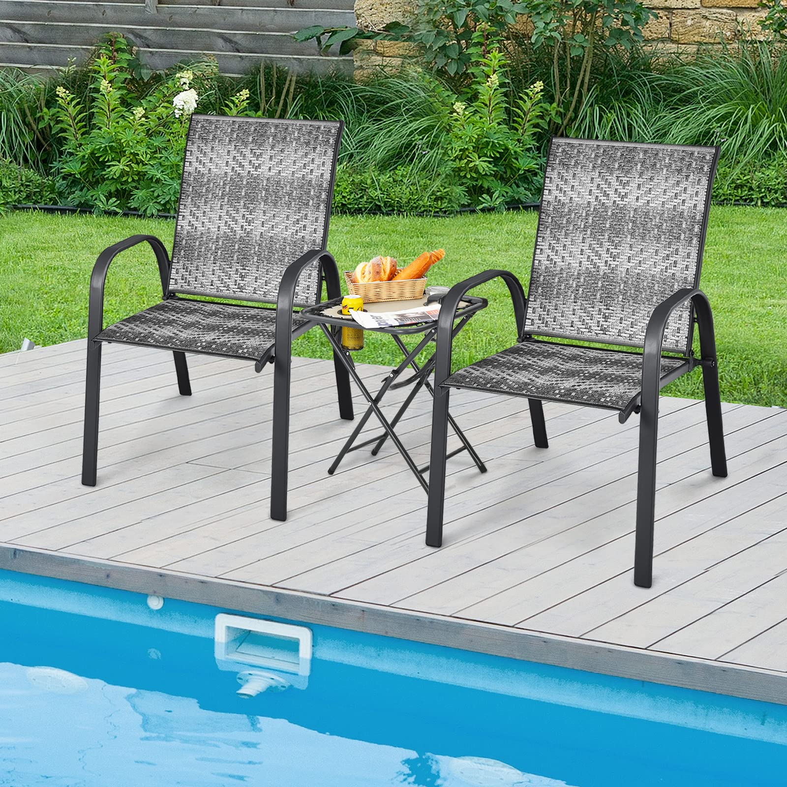 Tangkula Set of 6 Outdoor PE Wicker Stackable Chairs, Patio Dining Chairs with Sturdy Steel Frame, Outdoor Arm Chairs for Garden, Yard, Deck and Lawn (1, Mix Grey)