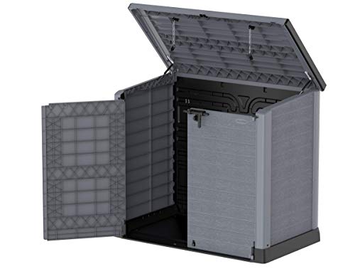 Duramax Cedargrain StoreAway 1200L Plastic Garden Storage Shed/Flat Lid - Outdoor Storage Bike Shed – Durable & Strong Construction– Ideal for Tools, Bikes, BBQs & 2X 240L Bins, 145x85x125 cm, Grey