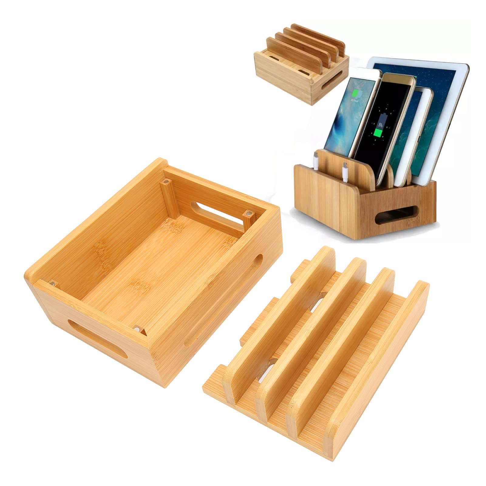 Bamboo Charging Dock Stand, Bamboo Charging Station Multiple Slots for Office
