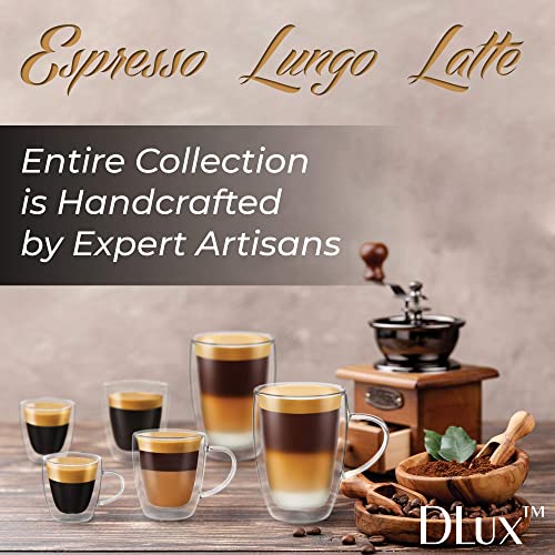 DLux Espresso Coffee Cups 3oz, Double Wall, Clear Glass set of 4 Glasses, Insulated Borosilicate Glassware Tea Cup