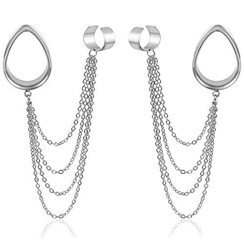 Atomhole 2PCS Teardrop Ear Tunnels Plugs with Chains Hypoallergenic Ear Gauges 316 Stainless Steel Ear Stretcher Expander Piercing Body Jewelry