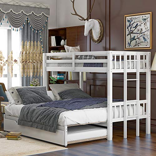 DEYOBED Twin Over Twin/King Extendable Pull-Out Wooden Bunk Bed with Trundle for Kids Teens Adults