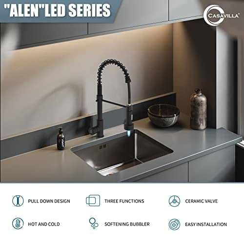 Casavilla Faucet, Black Kitchen Faucet with LED Light, Kitchen Sink Faucets with Pull Down Sprayer, Dual Function Spray Head, Farmhouse Stainless Steel Single Handle Kitchen Faucets