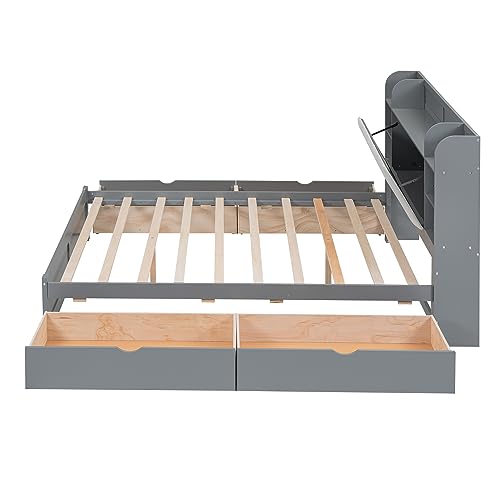 DNYN Queen Size Platform Bed with Storage Shelves & 4 Drawers & Upholstery Headboard Design,Multifunctional Wooden Bedframe w/Wood Slat Support,Super Save Space,Perfect for Bedroom,Guest Room, Gray