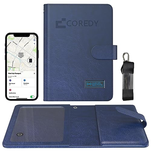 Coredy Passport Holder and Bluetooth Tracker Combo, Travel Must Haves Passport Cover Finder, Works with Apple Find My (iOS Only), RFID Blocking, Slim Travel Accessories Passport Wallet, Blue