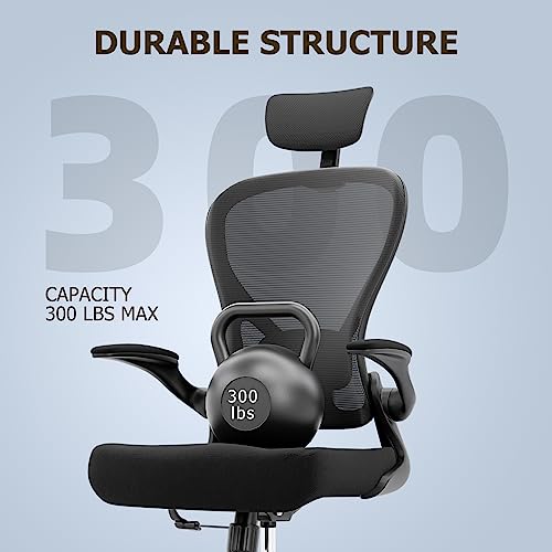 Frylr Ergonomic Home Office Desk Chair with Flip-up Arms and Headrest - Perfect for Big and Tall Users/Adjustable Lumbar Support/450 lbs Heavy Duty Office Chair(Black)