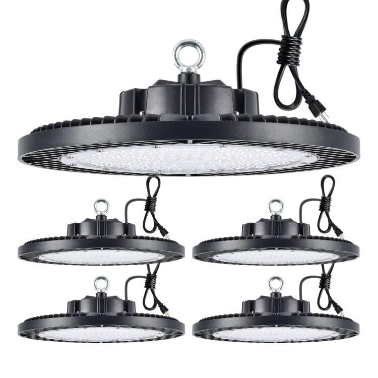 ELEKICO led high Bay Light, 150W 21000Lm 5000K Daylight IP65 high Bay led Lights with Plug 5ft Cable, UFO led high Bay Lights for Warehouse Workshop Factory Barn Garage Area Lighting Fixture 4 Pack