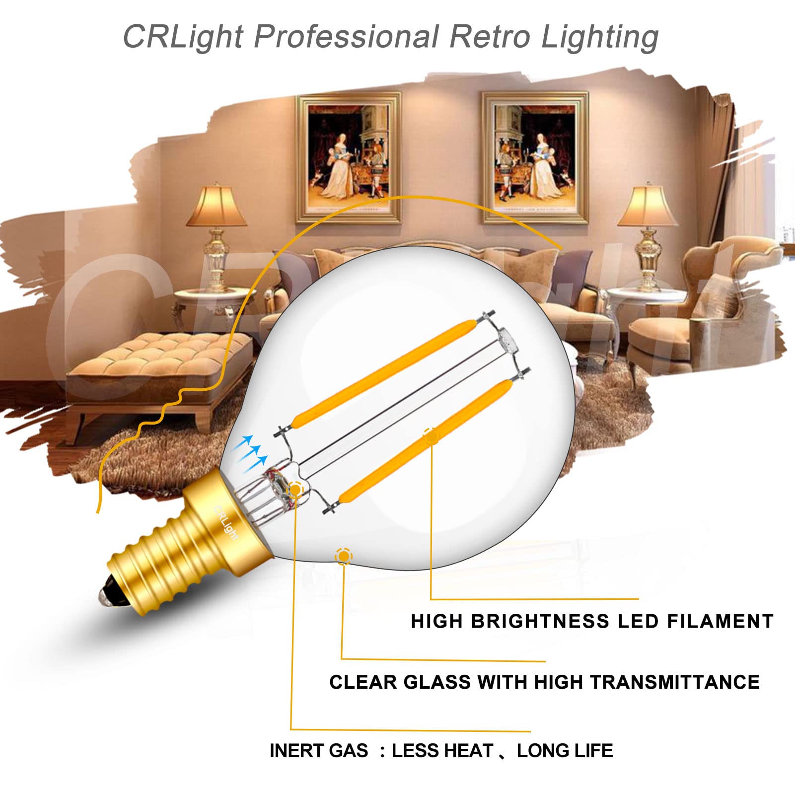CRLight 2W LED Candelabra Bulb 25W Equivalent Warm White 2700K 250LM, E12 Vintage Edison G16(G50) LED Globe Bulb, Chandelier Bathroom Vanity Mirror Light Bulbs, Non-dimmable, 12 Pack