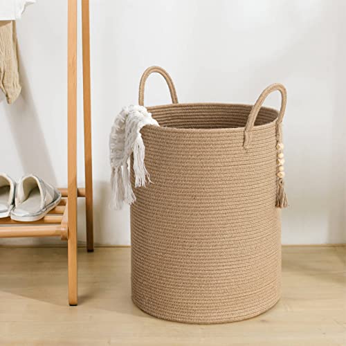 Goodpick Tall Wicker Laundry Basket with Handles, Boho Decorative Storage Basket for Living Room, Bedroom, Entryway, Bathroom, Large Woven Blanket Basket for Pillows, Towels, Shoes, Jute, 16" x 20"
