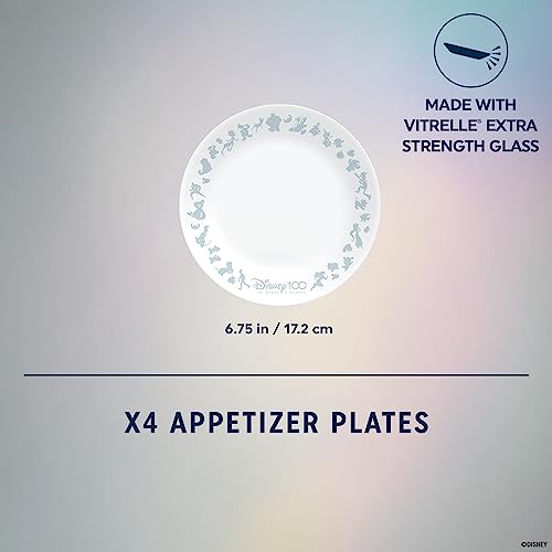 Corelle Vitrelle Micky Mouse 4-PC Appetizer Plates Set, 6.75" Dinnerware Glass Plates for Appetizers, Disney Commemorative Series