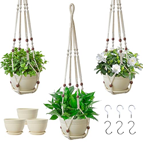 Checrxy Macrame Plant Hanger with Pot, 3 Set Hanging Planters for Indoor Plants, Handmade Cotton Rope Boho Home Decor, Idea Gift for Anyone, Includes Plant Holders, Pots, Plates and Hooks (Ivory)