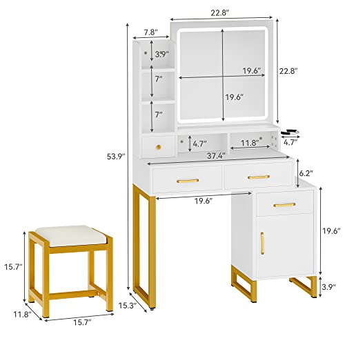 DWVO Vanity Desk with Mirror and Lights, Makeup Vanity with Lights and Drawers, Vanity Mirror with Lights and Table Set, 3 Color Adjustable Lighting Brightness & Power Outlet, White