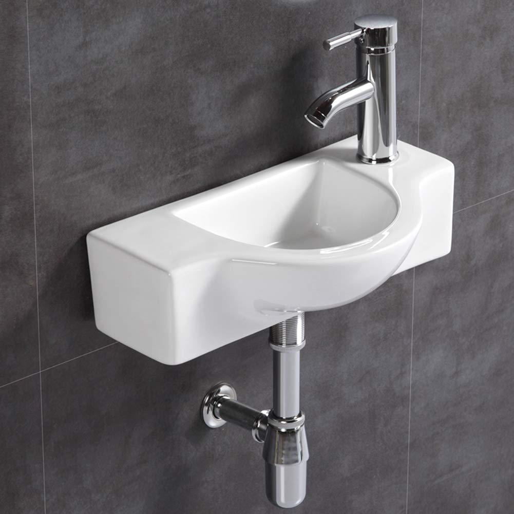 Bathroom Ceramic Washbasin and Faucet Combo White Small Sink Wall Mount Sink Corner Sink Set Chrome Pop-up Drain Included (Sink with Faucet & Drain)