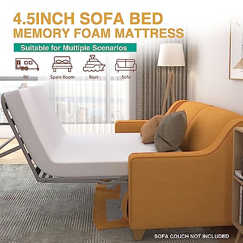 Dyonery 4.5 Inch Memory Foam Sofa Bed Mattress Replacement with Fiberglass-Free Fabric and Washable Cover for Sleeper Sofa and Couch Beds, Full Size, White (Sofa Not Included)