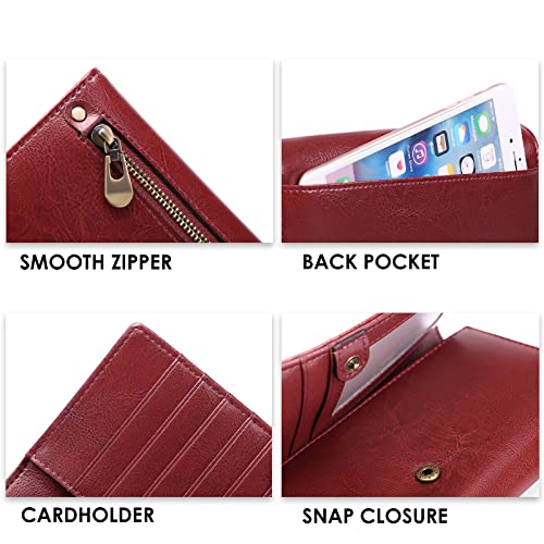 KELEEL Women Wallet Leather Clutch Bifold RFID Blocking Large Capacity Slim Ladies Purse Card Holder Organizer (Gloss Red)
