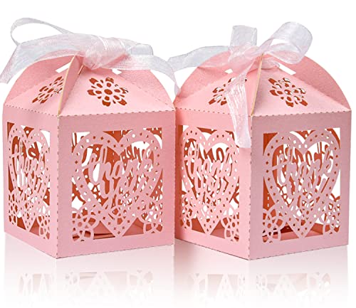 Elephant-package 25 Pcs Laser Cut Boxes (Pink), Bridal Shower Favor Boxes with Ribbon, Thank You Lace Candy Boxes, Party Favor, Wedding, Anniversary.