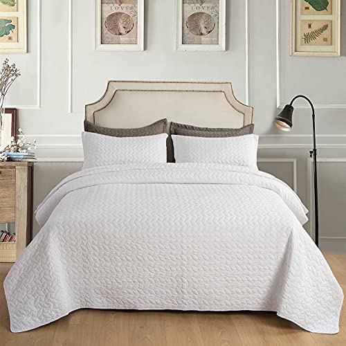 Hygge Hush Summer Quilt Set, King Size Pure White Leaves Pattern 3 Pieces Quilt Set, Oversized Modern Style Bedspread Set for All Season (1 Quilt & 2 Pillow Shams)