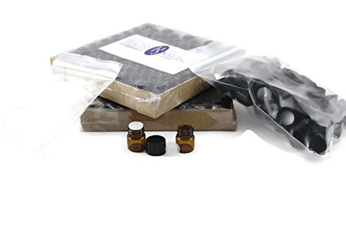 HS HEALTHY SOLUTIONS GLASSWARE WWW.EOILGLASSWARE.COM 1/4 Dram (1ml) AMBER Glass Vial (144)- Flat Black Screw Cap w/Orifice Reducer and Seal - Pack of 144