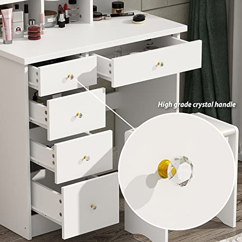 FUFU&GAGA Vanity Set with Mirror, Makeup Vanity Dressing Table with 5 Drawers, Shelves, Dresser Desk and Cushioned Stool Set (Lighted Mirror Vanity Set, 31.5" W x 15.7" D x 55.1" H)