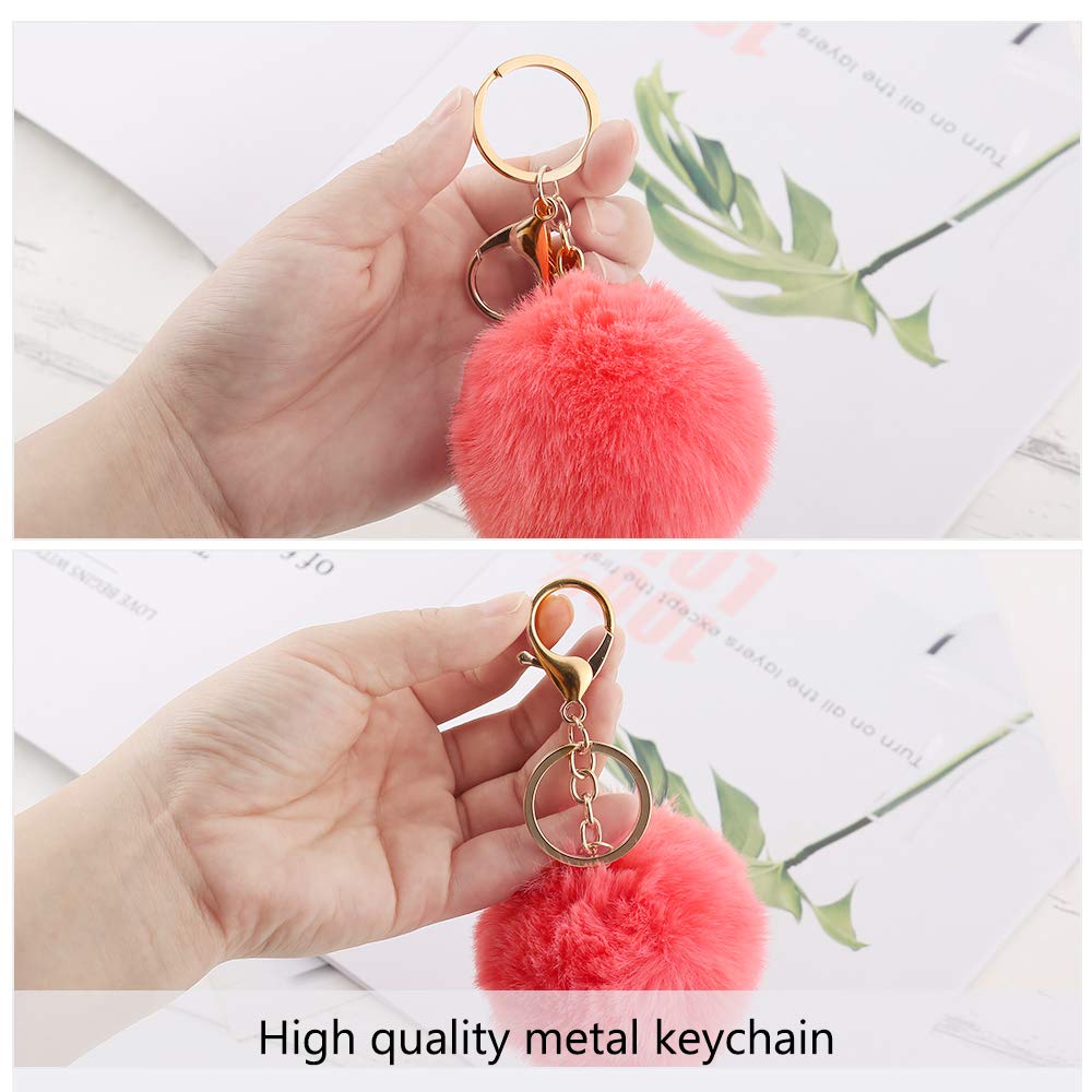Auihiay 18 Pieces Pom Poms Keychains Fluffy Pompoms Keychain Faux Rabbit Fur Pompoms Keyring