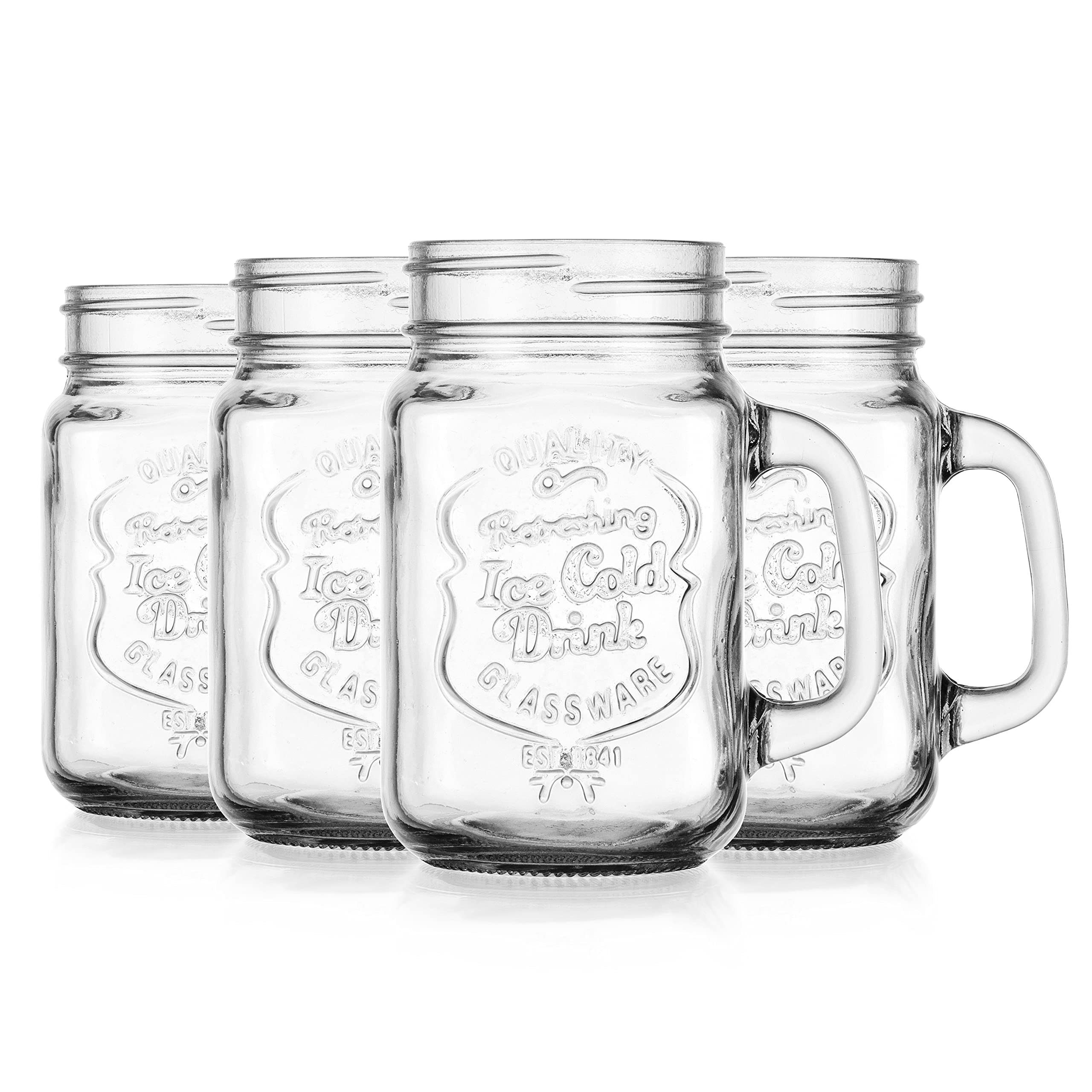 Glaver's Mason Drinking Jars β Set of 4, 16 Oz Clear Glass Jars β With Convenient Handle and Ice-Cold Embossed Logo β Ideal for Hot and Sunny Days β Perfect Glass Cups for Cold Drinks