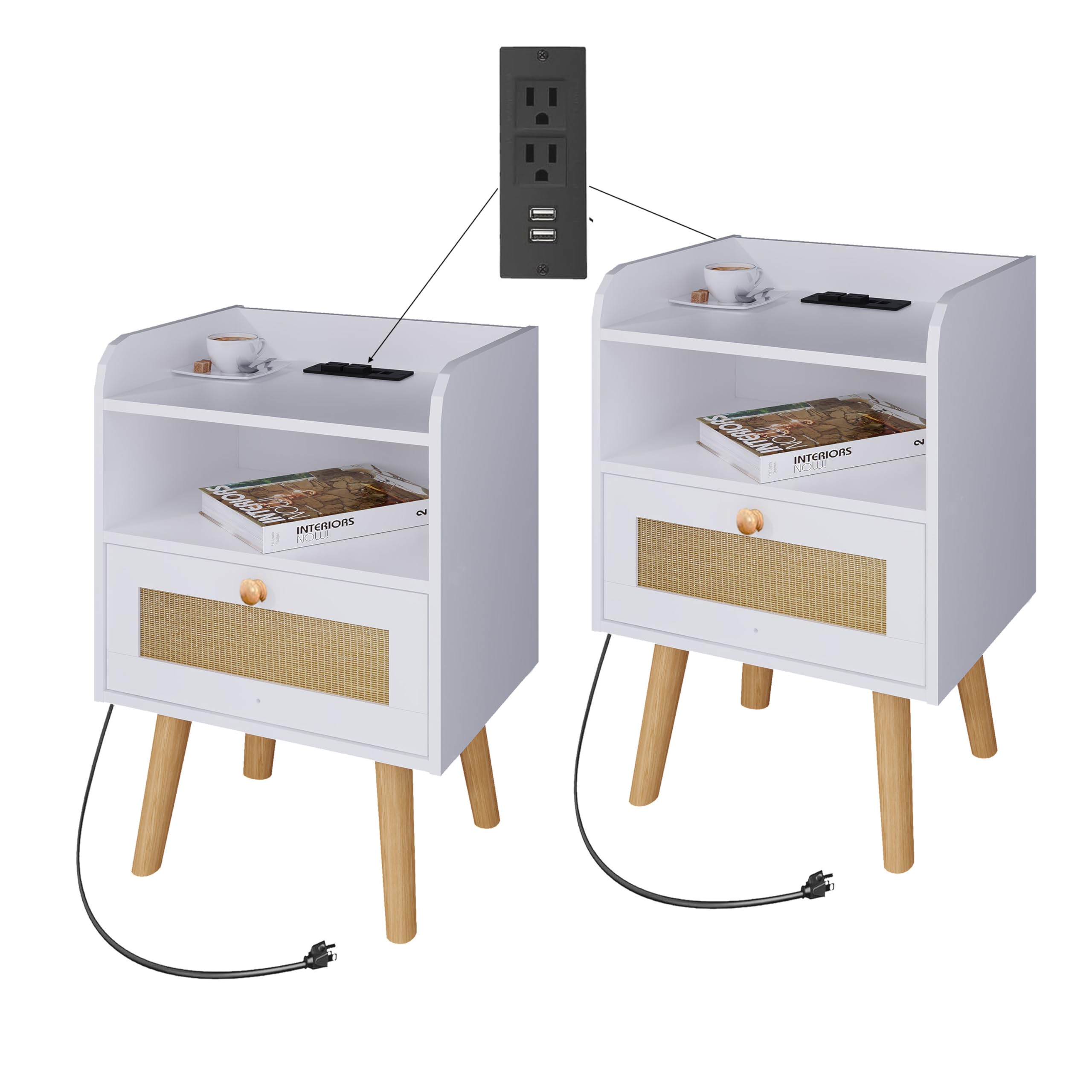 Gyger Nightstand Set of 2,Wood Nightstand with Charging Station,Bed Side Table with Rattan Decor Drawer,Small Night Table with Storage for Bedroom,White