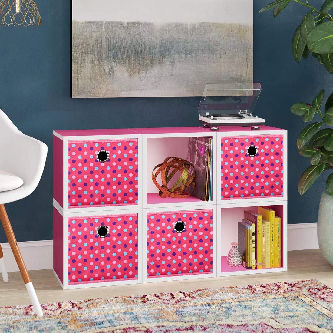 i BKGOO Foldable Storage Cube Drawer Bins Set of 4 Collapsible Fabric Storage Boxes with Round Metal Grommets for Organizing Shelf Nursery Home Closet Dots Pink 10x10x10 inch