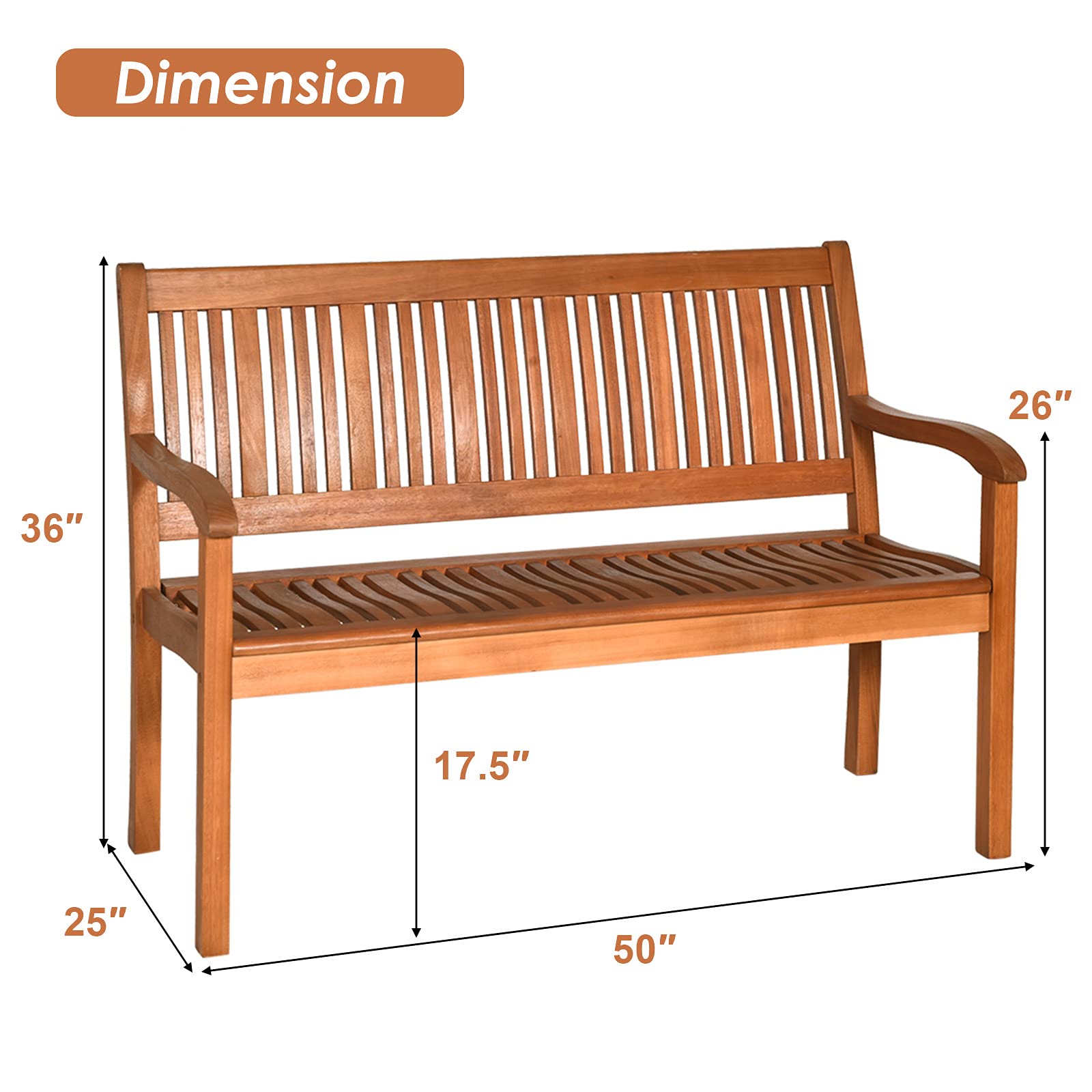 DORTALA 50'' Patio Wooden Bench, Eucalyptus Wood Loveseat with Ergonomic Backrest, Curved Armrests, Sloping Seat, Garden Slatted Bench, Ideal for Patio, Porch, Yard, Lawn, 705 lbs Weight Capacity