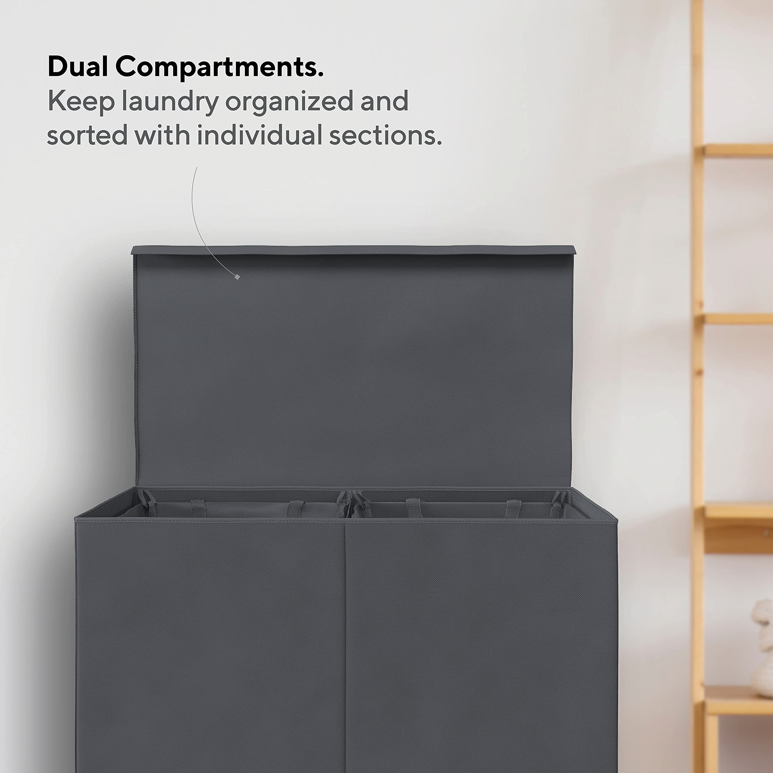 Double Laundry Hamper with Lid and Removable laundry Bags, Dirty Clothes Hamper - Collapsible Laundry Bin with 2 Compartment for Laundry Room, Bedroom, Bathroom, College Dorm, Oxford Collection, Grey