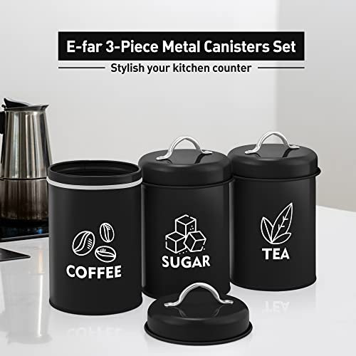 E-far Canister Sets for Kitchen Counter, 3-Piece Metal Coffee Sugar Tea Canister with Airtight Lid for Food Storage, Farmhouse Style & Small Size (6.1” x 4”)-Black