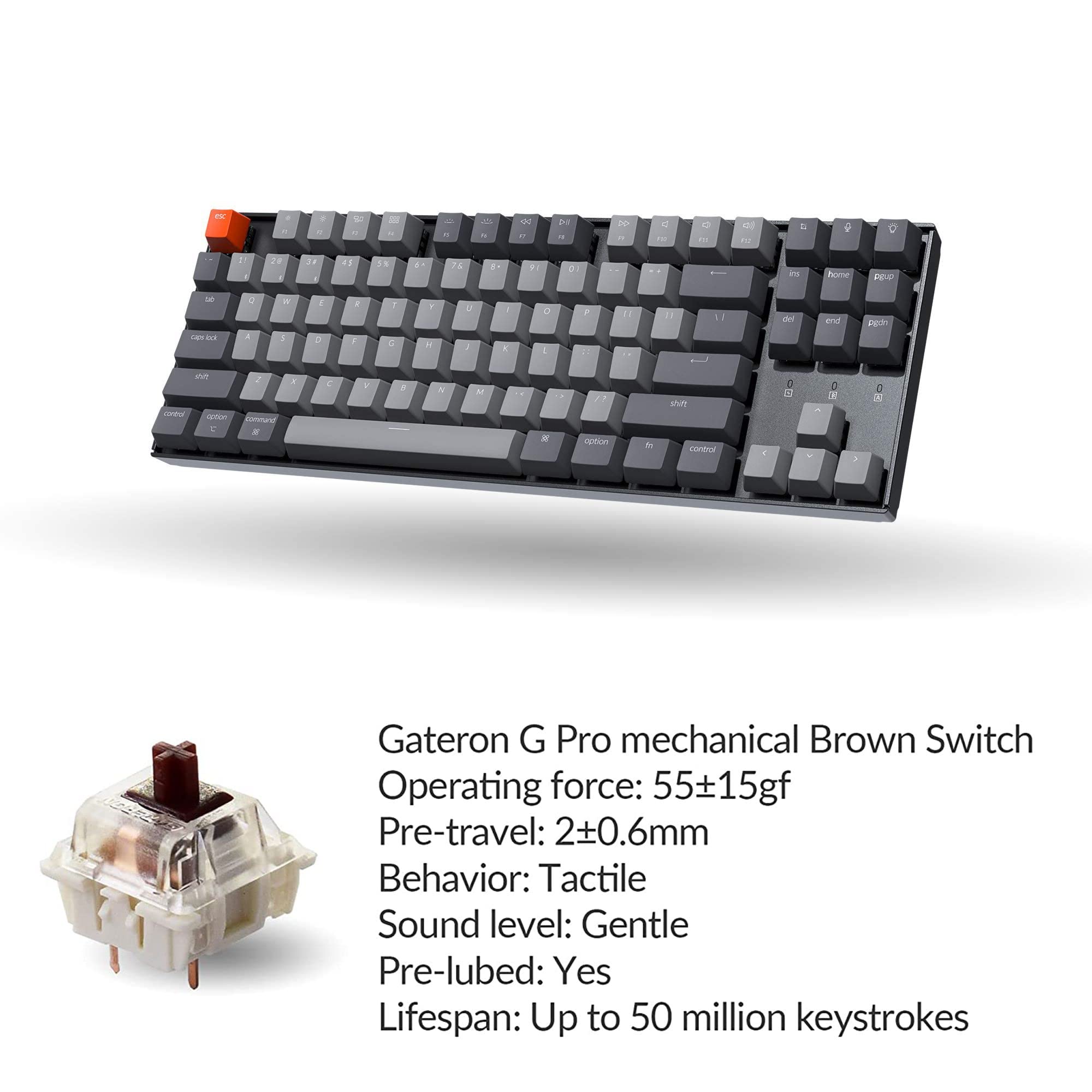 Keychron K8 Tenkeyless Wireless Mechanical Keyboard for Mac, RGB Backlight, Bluetooth, Multitasking, Type-C Wired Gaming Keyboard for Windows with Gateron G Pro Brown Switch
