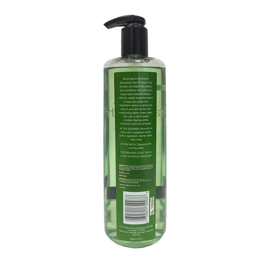 Neutrogena Rainbath Renewing Shower And Bath Gel, Moisturizing Body Wash and Shaving Gel with Clean Rinsing Lather, Pear & Green Tea Scent, 16 fl. oz