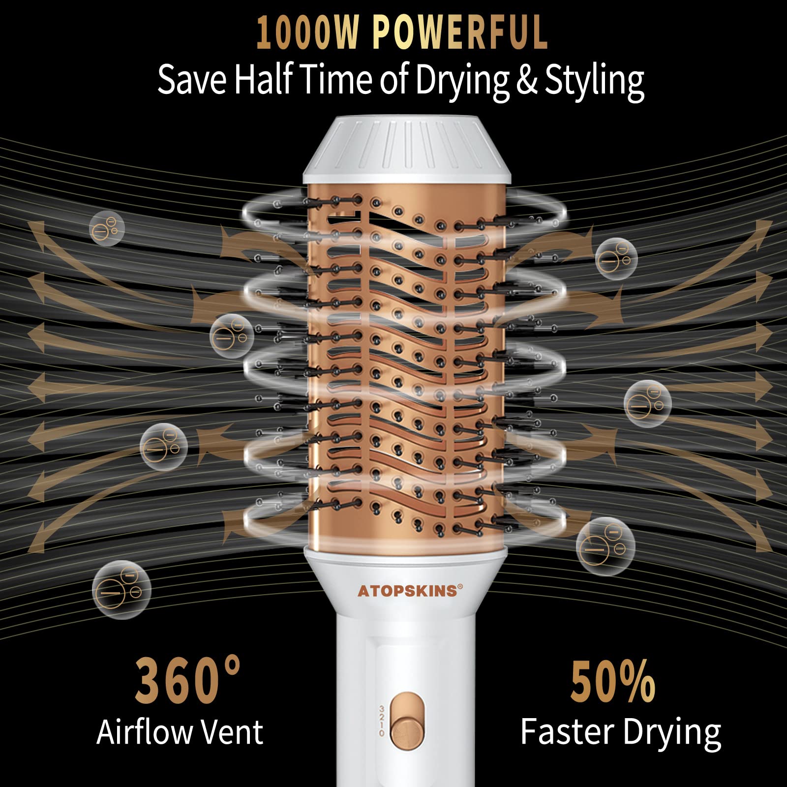 Atopskins 1000W Ionic Hair Dryer Brush, Black, 4 in 1 Functionality, Ceramic & Tourmaline Barrel, ALCI Safety Plug