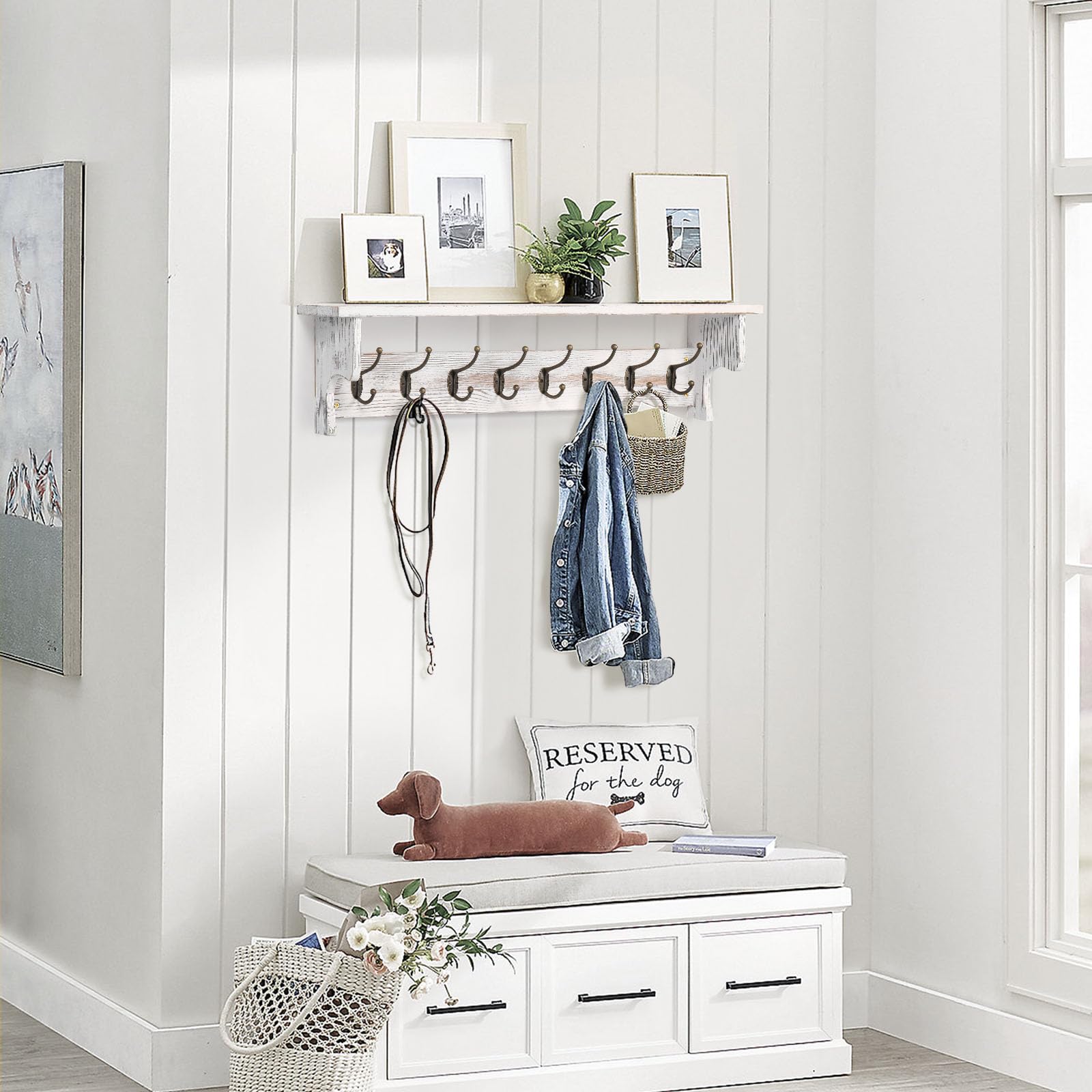 BECHAEO 35.8'' Wood Coat Rack Wall Mount with Shelf, White Wall Coat Rack with Hooks, Farmhouse Rustic Coat Hooks with Shelf for Entryway Bathroom Hallway Kitchen Bedroom